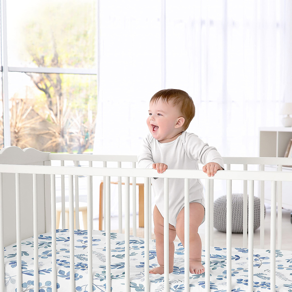 Sweet Jojo Designs Floral Leaf Boy or Girl Fitted Crib Sheet Baby or Toddler Bed Nursery - Blue Grey and White Boho Watercolor Botanical Flower Woodland Tropical Garden