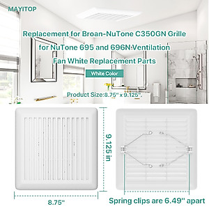 MAYITOP C350GN Bathroom Vent Cover With Springs Replacement Bathroom Ceiling Fan Grille Cover For Broan-NuTone C350GN Grille for NuTone 695 and 696N Ventilation Fan (White) 8.75" x 9.125"