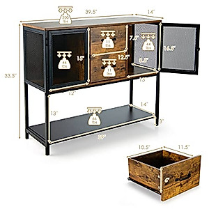 YDXNY Industrial Buffet Sideboard Kitchen Cabinet with Metal Mesh Doors and 2 Drawers