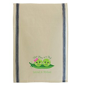 Personalized Custom Text Inspiration Two Peas in a Pod Cotton Canvas Kitchen Towel Vintage Trim - Blue Stripe