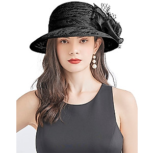 TLMNU Organza Fascinator Hat - Women¡¯s Wide Brim Church Bridal Tea Party Wedding Hat 12LaceBlack