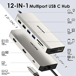 WAVLINK USB C Docking Station Dual HDMI Monitors, 12 in 1 Triple Display USB C Hub, Multiport Adapter with Dual 4K HDMI, 4K DP, 100W PD IN, 5 USB Ports, RJ45, SD/TF Slots, Audio/Mic for Macbook/Laptop