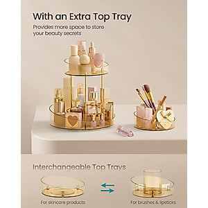 SONGMICS Makeup Organizer, 2-Tier Round Rotating Skincare Organizer, Extra Top Tray Included, Customizable, Large Capacity, Toiletries Vanity Organizer, Champagne Gold UJKA027A01