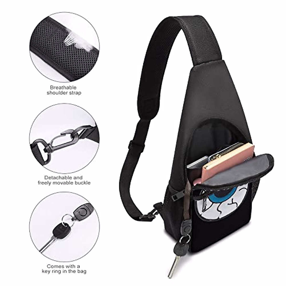 Enamel Pin Eyeball Crossbody Backpack Shoulder Bag Lightweight One Strap Sling Bag Travel Hiking Daypack