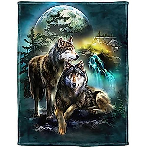 HommomH 40"x50" Blanket Soft Fluffy Fleece Throw for Sofa Bed Moon Wolf Green