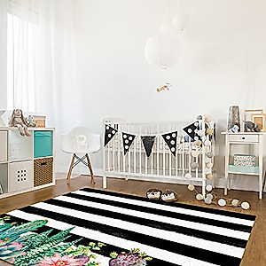 Olivefox 3x5 Feet Floor Mat Area Rug, Cactus Watercolor Black and White Stripes Runner Indoor Carpet, Non Skid Rug Accent for Living Room, Hallway, Kitchen, Office HSM-2021-5-13-JJXT-SHZF02827MDKAOLX