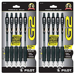 Pilot G2 Retractable Premium Gel Ink Roller Ball Pens Extra Fine Point (Black, 10-Pack)