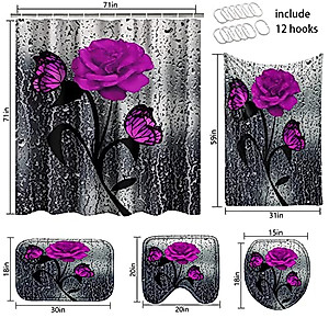 Poedist 5 Pcs Grey Bathroom Decor Set,Shower Curtain Sets with Rugs,Include Bath Towel,U Mat,Toilet Lid Cover & Bath Mat,with 12 Hooks,Creative Purple Rose