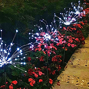 Rockabyee 2 Pack 120 Led Solar Firework Lights, 8 Modes Starburst Stake Lights, Outdoor Solar Garden Lights for Wedding Party Festival (Cool White)