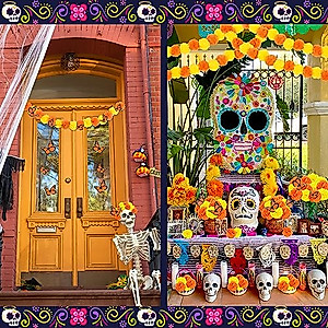 Day of The Dead Decorations Set of 3 Artificial Marigold Garland,30 Marigold Flowers with Stem,6 Butterfly,Dia de Los Muertos Decorations for Halloween Diwali Indian Party