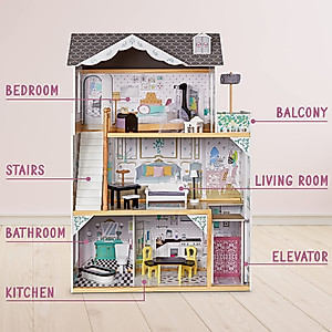 Lil' Jumbl Kids Wooden Dollhouse, with Elevator, Balcony & Stairs, Accessories & Furniture Included X-Large 3 Story Easy to Assemble Doll House Toy
