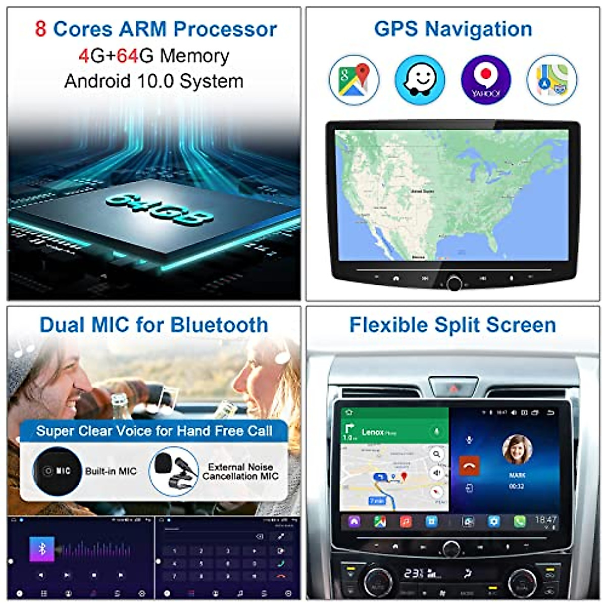 Double Din Car Stereo Wireless CarPlay Android Auto 4G+64G 8-Core Detachable 10 Inch Touchscreen Car Radio Dual Bluetooth AM FM GPS Navigation WiFi Car Audio Receiver with Backup Camera 2Din Head Unit