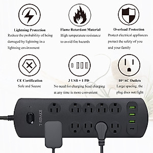 Power Strip, T-SIDAKE Socket, with 10 AC Power Outlets, 3 USB 3.0 Ports and a USB C Port, 6 Feet Extension Cord (1875W/15A), is a Necessity for Offices, Homes, and Dormitories. (Black)