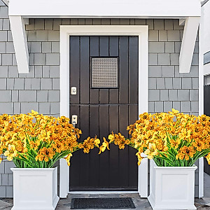 AUMVEYI 4 Bundles Artificial Plants Outdoor Fake Mums Flowers Bulk UV Resistant Faux Greenery Plastic Floral Decoration for Home Outside Garden Porch Hanging Planter décor