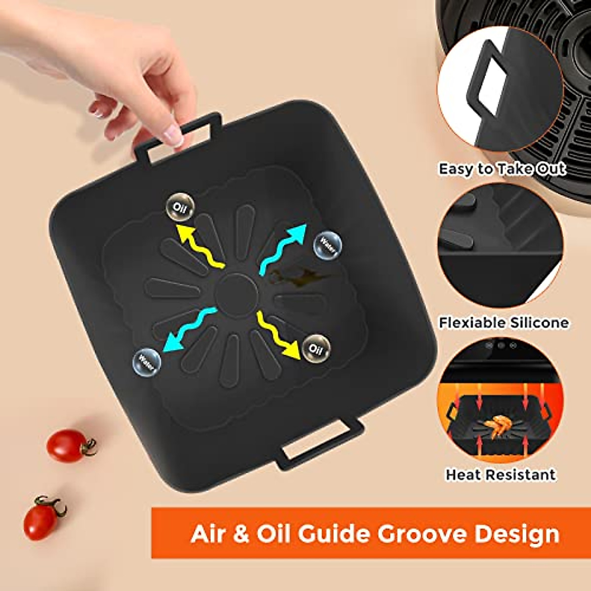 Square Air Fryer Liners Silicone, 9 IN 6 to 10 QT Food Grade Reusable Heat Resistant Silicone Air fryer Bowls Inserts Baskets Pots Accessories for COSORI Instant Vortex Air Fryer Oven Microwave