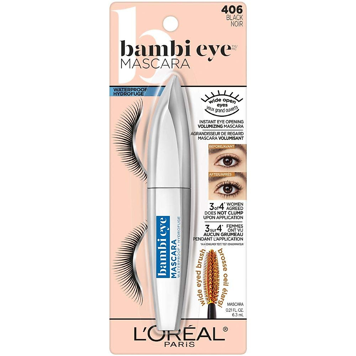 L'Oreal Paris Bambi Eye Mascara, Lasting Volume, Length & Lift, Doe-Eye Definition, No Clumping or Smudging, Waterproof, Black, 0.21 fl. oz.