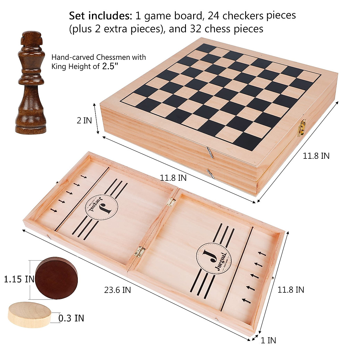 Juegoal 4-in-1 Wooden Fast Sling Puck Set for Kids and Adults, Chess, Checkers, Tic Tac Toe Games, Travel Portable Folding Tabletop Chess Board Game Sets, Interactive Families Toys