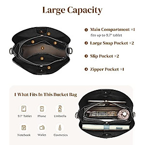 S-ZONE Women Genuine Leather Bucket Bag Shoulder Handbags Crossbody Purse Zipper with 2 Straps Medium Tote Hobo