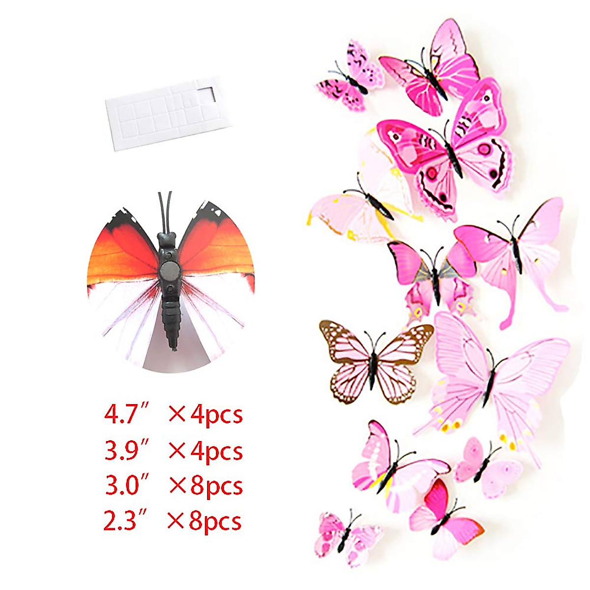 Somotersea 24PCS 3D Butterfly Wall Decal Removable Refrigerator Magnets Stickers Decor for Kids Room Decoration Home and Bedroom Art Mural Pink