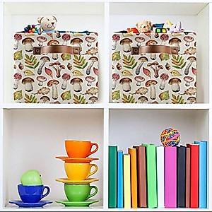 ALAZA Mushroom Leaves Autumn Large Storage Basket with Handles Foldable Decorative 1 Pack Storage Bin Box for Organizing Living Room Shelves Office Closet Clothes