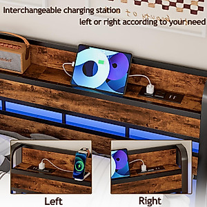 Furnulem Queen Headboard with Storage Shelf,Headboards with RGB LED Light,USB Port and Charging Station,Sturdy Metal Frame & Wood Shelf, Adjustable Height