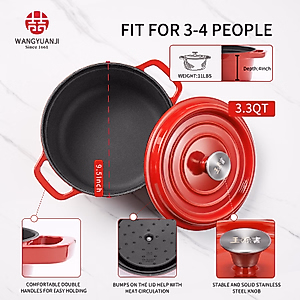 WANGYUANJI Enameled Dutch Oven Pot with Lid,3.2 Quarts Enamel Cast Iron Cookware Pot,Heavy-Duty Casserole with Dual Handle,Round Dutch Ovens for Braising and Bread Baking,Red