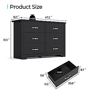 LINSY HOME 6 Drawer Dresser for Bedroom, Modern Double Dresser Organizer, Black Wood Dresser Chest of Drawers for Baby,Kids Bedroom