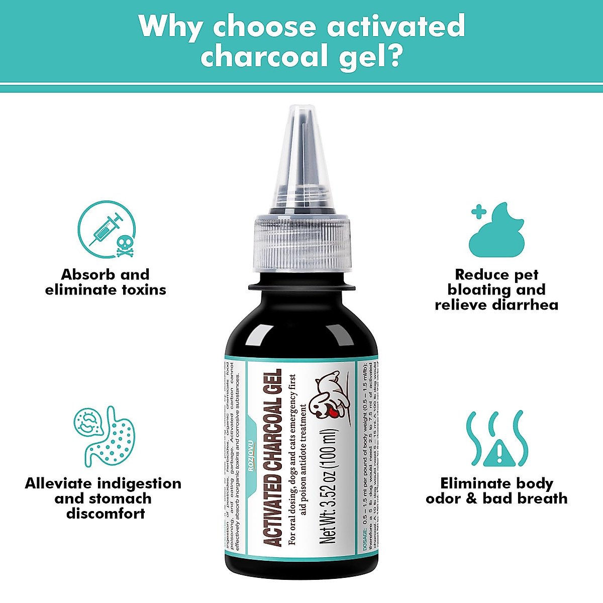 100 ml Activated Charcoal Gel for Dogs for Poisoning, Dog First Aid Activated Charcoal, Ready Rescue for Dogs, Quickly Absorbs Toxins, Supports Diarrhea & Gas Relief