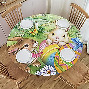 Round Tablecloth Cute Easter Bunny Fitted Elastic Waterproof Wipeable Table Cloth Cover Decor Table Pad Cover for Party Dinning Room Picnic-Small