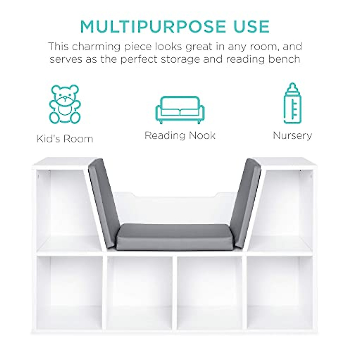Best Choice Products 6-Cubby Kids Bedroom Storage Organizer, Multi-Purpose Bookcases, Shelf Furniture Decoration w/Cushioned Reading Nook - White