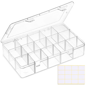 SGHUO 15 Grids Tackle Box Organizer, Large Clear Plastic Organizer Box with Adjustable Dividers for Beads, Art DIY, Crafts, Jewelry, Fishing Tackle with Label Stickers