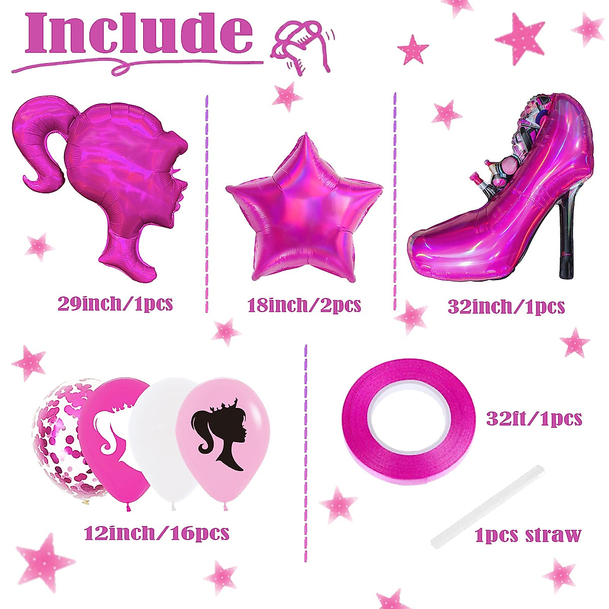 20 PCS Pink Girl Party Balloons,Hot Pink Party Decorations,Girl Cartoon Style Birthday Helium Balloons,High Heels Party Supplies,Makeup Theme Party Decoration Set for Makeup Party