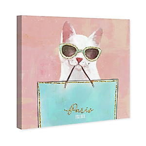 Wynwood Studio Fashion and Glam Wall Art Canvas Prints 'Shopping Cat' Accessories Home Décor, 12" x 12", Blue, Gold