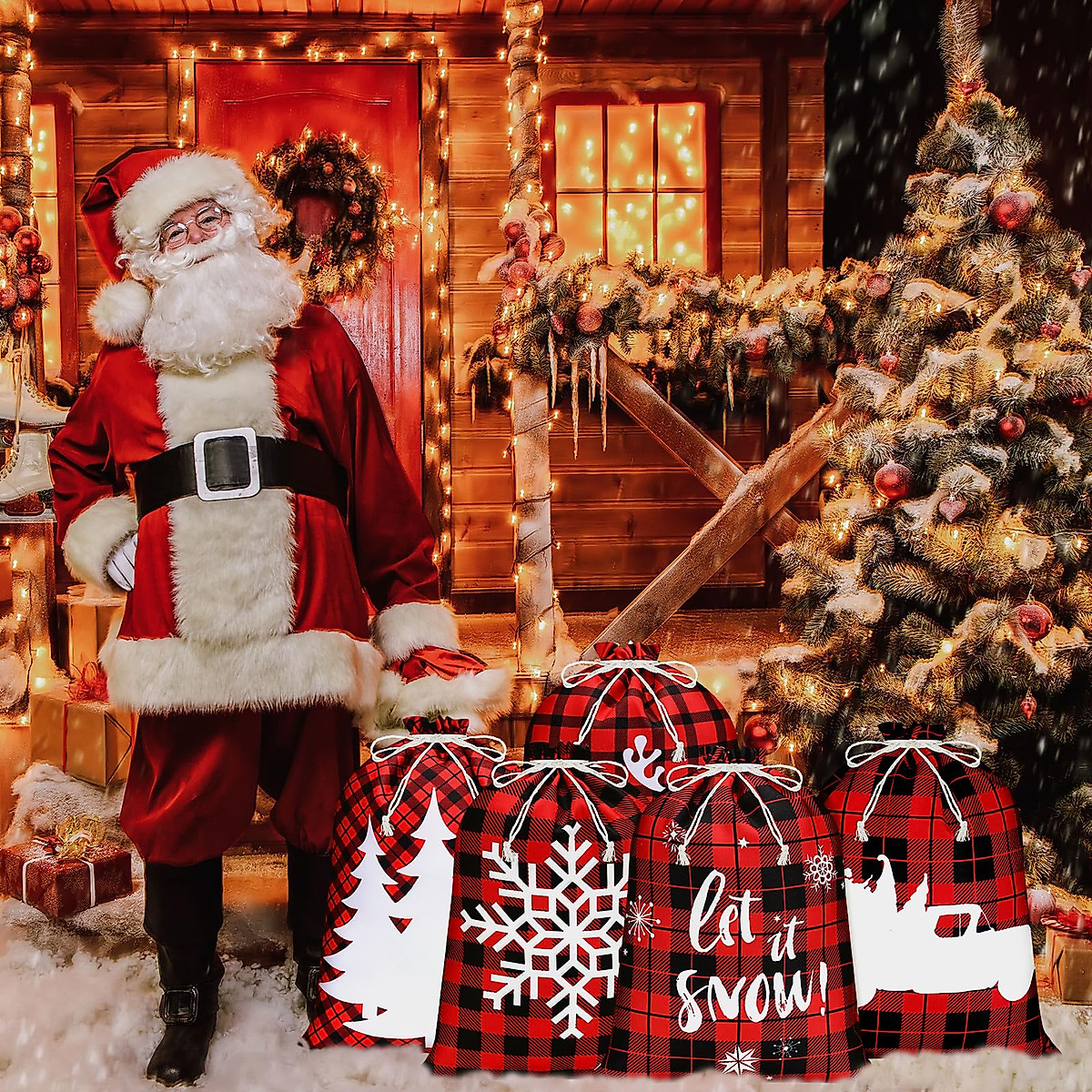 Windyun 16 Pcs Christmas Drawstring Bags Bulk Large Xmas Buffalo Plaid Drawstring Cloth Gift Bags 12 x 16 Inch Gift Wrapping Bags Drawstring Storage Sack Bags for Party Favor