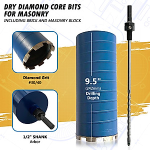 4-1/4" Dry Diamond Core Drill Bits for Brick and Block with 1/2" Shank Pilot Bit Adapter, 9.5" Drilling Depth, 5/8"-11 Arbor