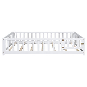 Harper & Bright Designs Floor Bed Full Size Montessori Bed Frame with Fence and Door, Wooden Full Platform Bed for Kids, Boys Girls, Slats Included, No Box Spring Needed, White