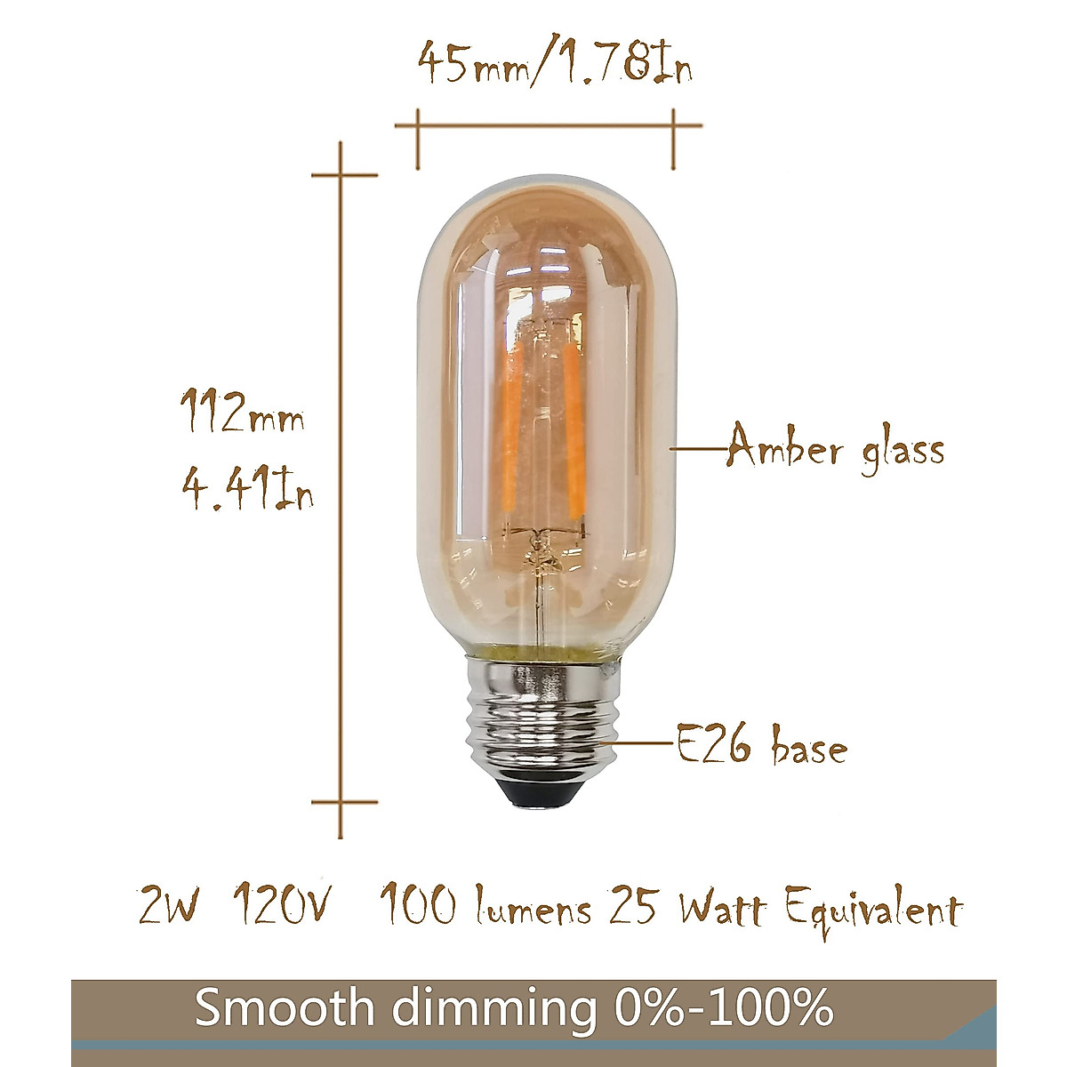 CTKcom T45 E26 Amber Antique LED Edison Light Bulb,T14 LED Tubular Vintage Antique Dimmable led Bulb,2 Watt 120V 2200K Warm White 120 lumens 25 Watt Equivalent,4 Pack