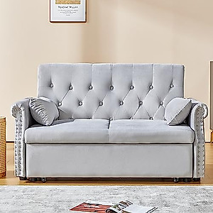 NOSGA Double Sofa Bed, 53.14" Pull Out Sofa Bed Velvet Convertible Sleeper Sofa Bed Velvet Sleeper Sofa Bed with 2 Pillows Adjustable Backrest Modern Adjustable Bed Lounge Chaise, Grey-1