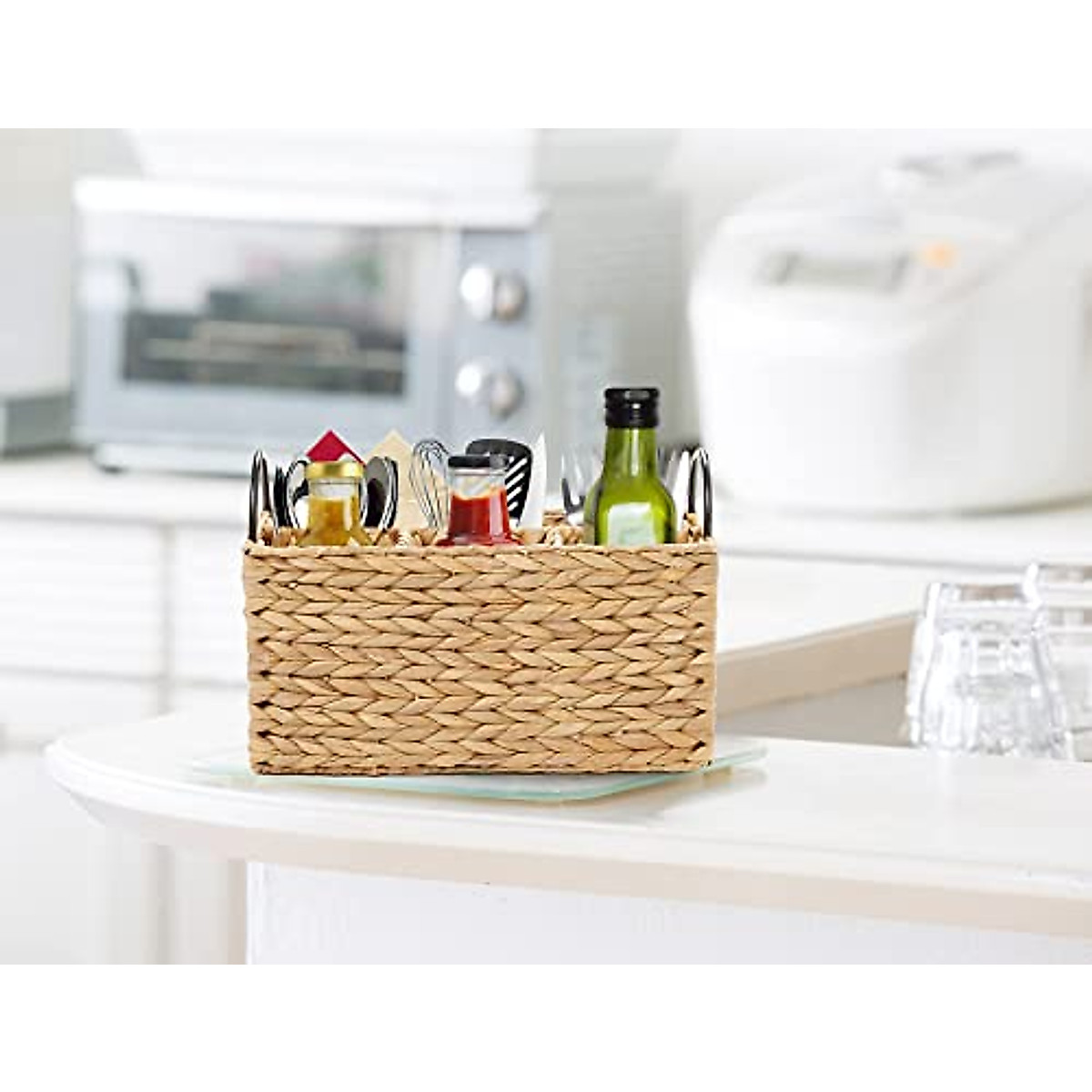 Americanflat Water Hyacinth Basket with Handles - Multipurpose Storage Organizer Caddy - 1 Large and 3 Small Compartments (Natural Color)