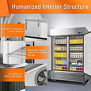 HOCCOT Commercial Refrigerator 54” Two Solid Door Reach-In Cooler, Stainless Steel 2 Sections Air-cooled Refrigerator with Adjustable +33°F~+41°F Temp Range in LCD Display, 49 Cu.Ft for Restaurant