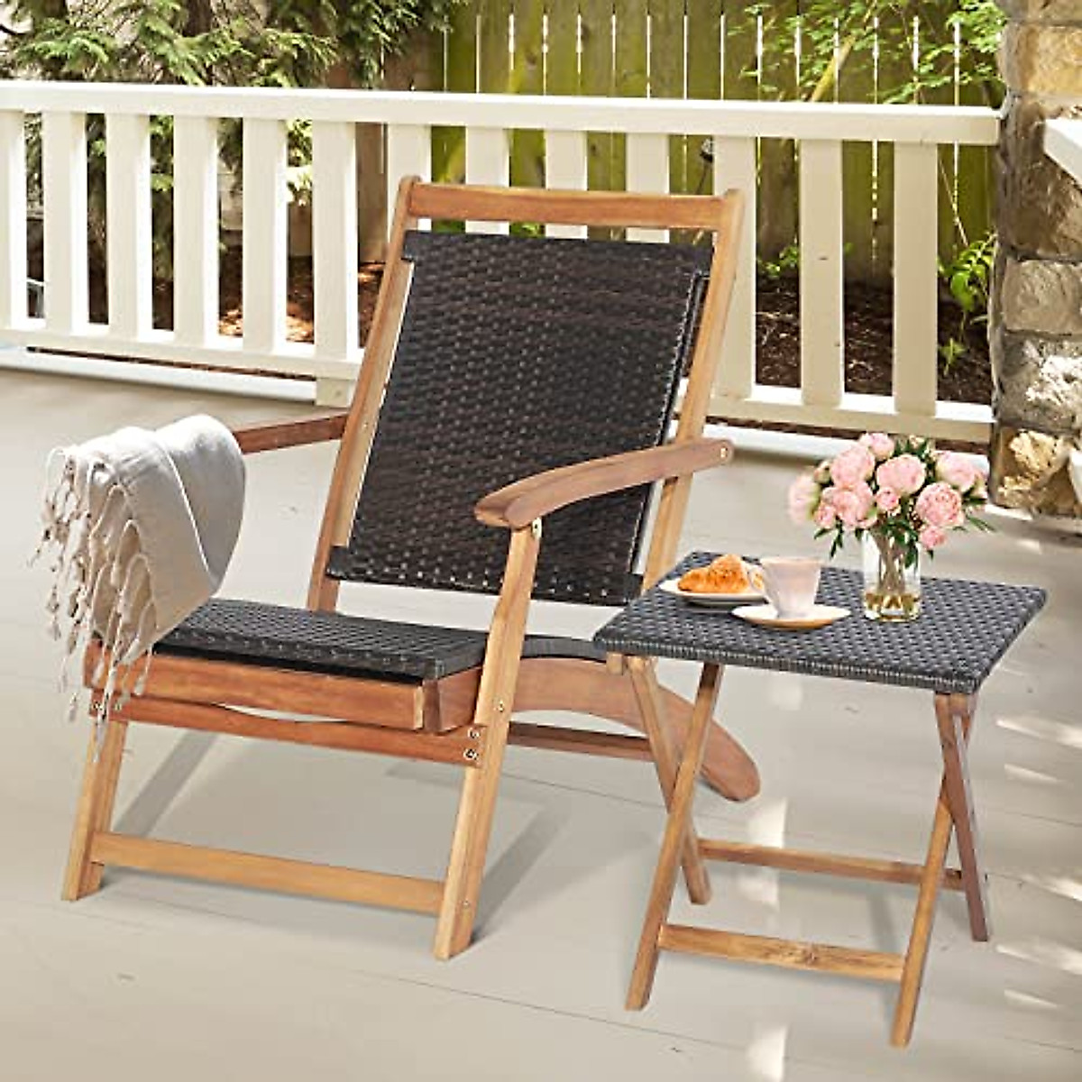 Tangkula Patio Lounge Chair and Side Table Set, Acacia Wood Wicker Folding Table and Armrest Chair with Retractable Ottoman, Acacia Wood Outdoor Chaise Lounger for Garden, Backyard, Poolside, Balcony