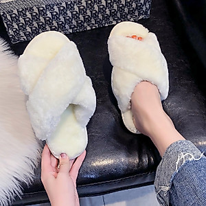 Crazy Lady Women's Fuzzy Fluffy House Slippers Cute Plush Memory Foam Shoes Cross Band Indoor Outdoor Open Toe Sandals(06/White, 7-8)