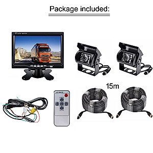 Vehicle Backup Camera and 7 inch Screen Monitor System 12V/24V,2 x IR Night Vision Car Reverse Rear View Mirror Camera Kit with 4 Pin 15m 20m Cable for RV Bus Semi Truck Trailer 5th Camper