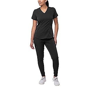 Adar Pro Modern Athletic Scrub Set for Women - Modern V-Neck Scrub Top & Yoga Jogger Scrub Pants - P9500 - Black - M