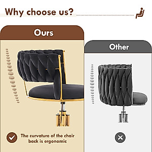 HOOLETE Velvet Desk Chair with Wheels, Modern Swivel Office Chair with Gold Base, Woven Accent Chair for Girls and Women, Vanity Chair with Back for Makeup, Black