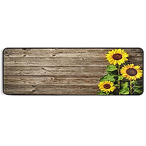 Farmhouse Theme Sunflowers Laundry Room Runner Rug Wooden Board Background Mat Washable Non-Slip Soft Floor Carpet Extra Long Hallway Doormat 72" X 24"