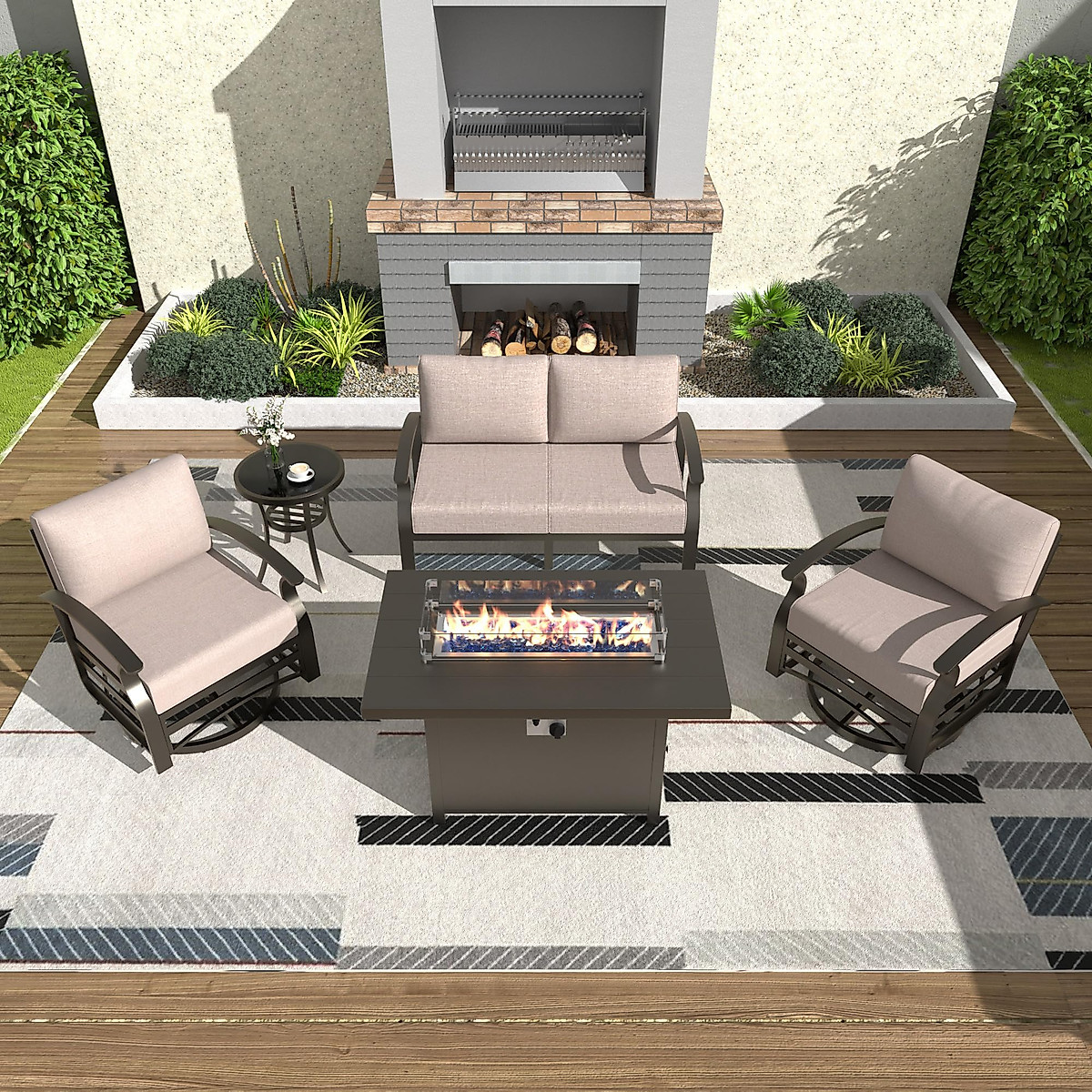 Piltwoff Aluminum Patio Furniture Set with Swivel Chairs,4-Seat Modern Outdoor Sectional Sofa w/45in 55000BTU Fire Pit Table and 5.1 Inch Cushion,Patio Conversation Sets w/Coffee Table,Sand