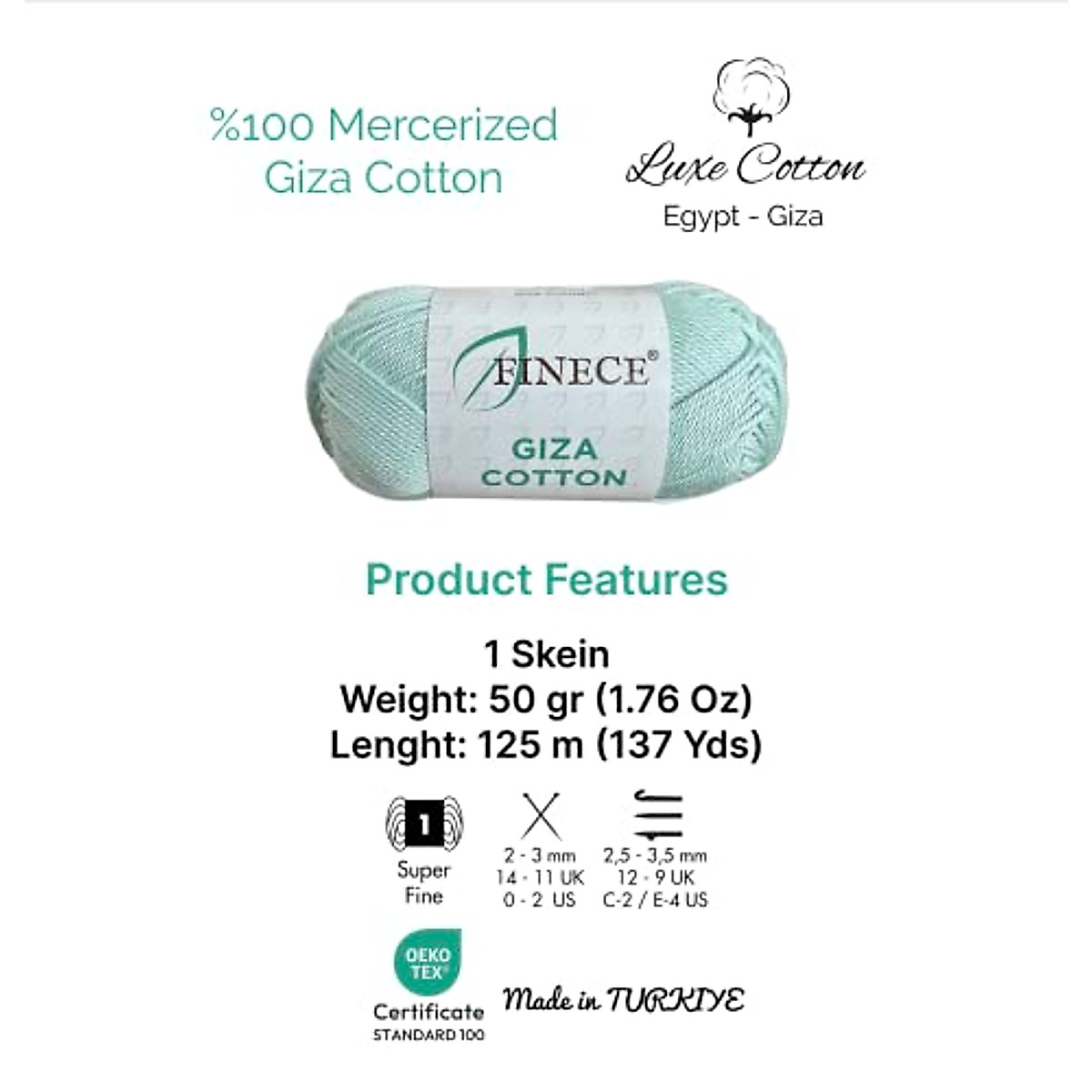 FINECE Giza Cotton, 100% Mercerized Giza Cotton Yarn, Super Fino 1 Yarn for Crocheting and Knitting 2x1.76 Oz (2x50g) / 2x137 Yrds (2x125m) (2 Skeins, 1042 - Mint)