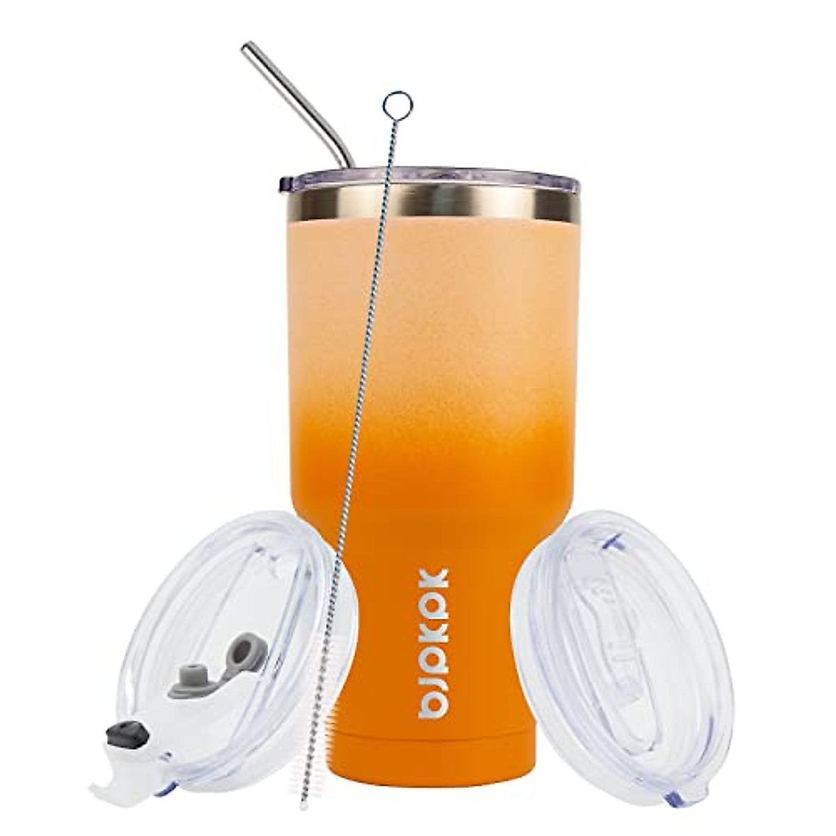 BJPKPK 30oz Stainless Steel Vacuum Insulated Tumbler Set Double Wall Travel Mug Coffee Cup with Metal Straws, Splash-Proof Lids,Coral