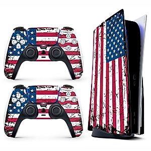 HK Studio US Flag Decal Sticker Skin Specific Cover for Both PS5 Disc Edition and Digital Edition - Waterproof, No Bubble, Including 2 Controller Skins and Console Skin